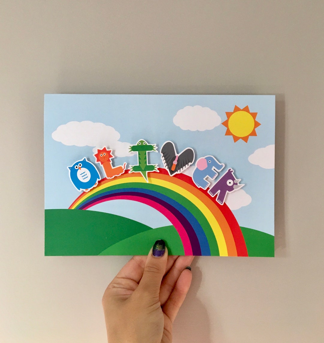 Any Name, Personalised Animal Alphabet Name Card, Rainbow Card, Name on ...
