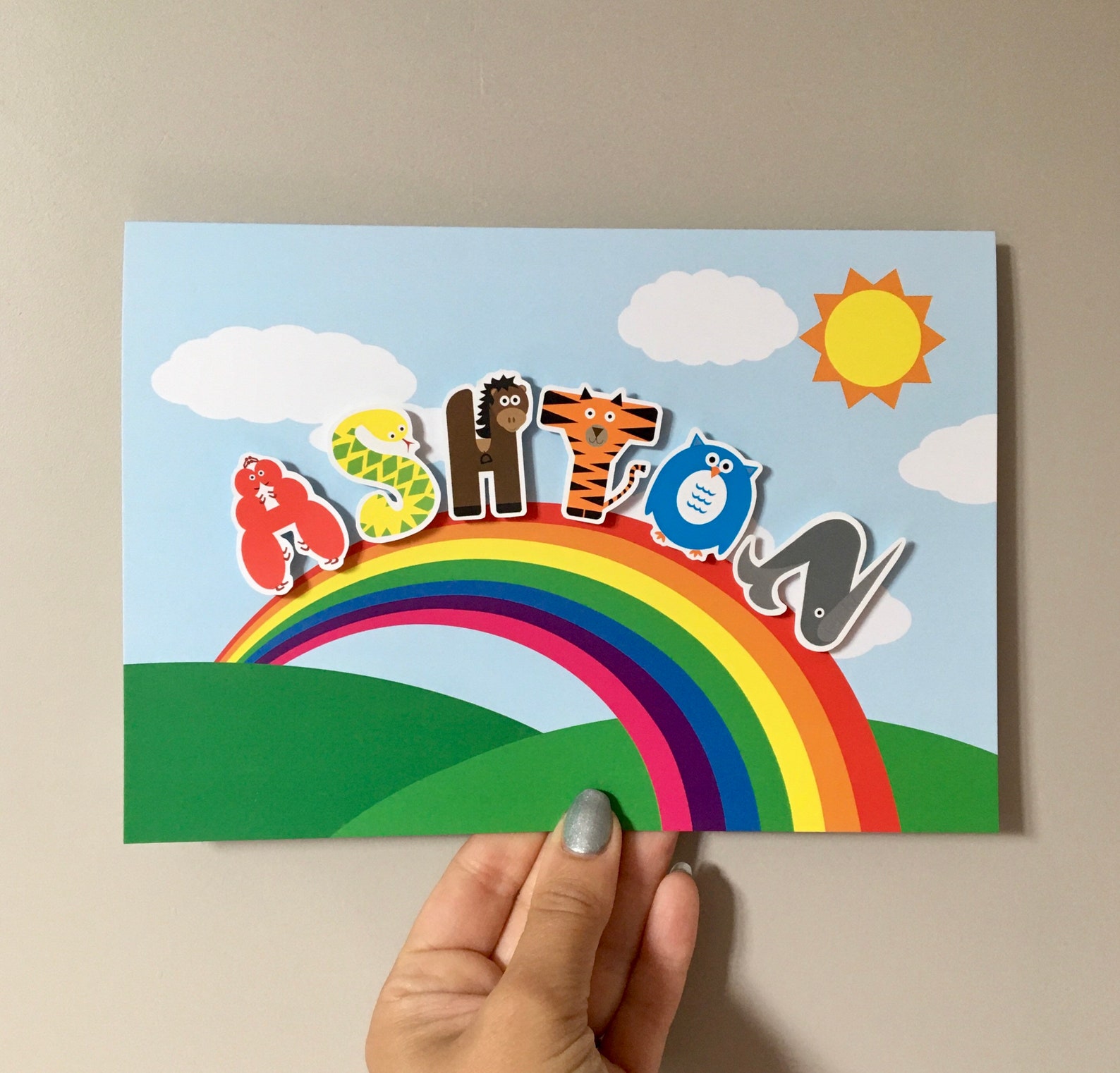 Any Name, Personalised Animal Alphabet Name Card, Rainbow Card, Name on ...