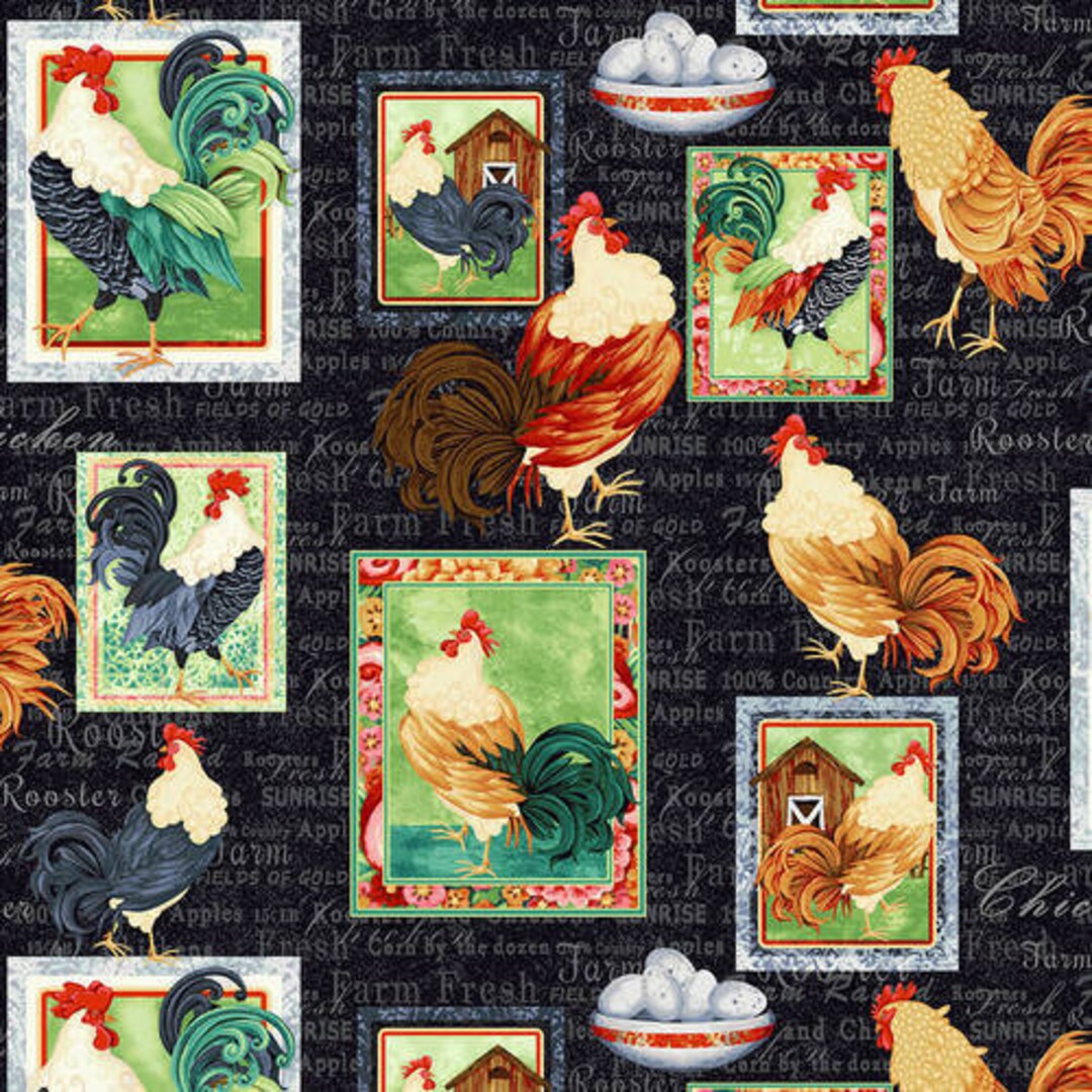 Rooster Fabric, by the Yard, Farm Raised Rooster Patch, Henry Glass ...