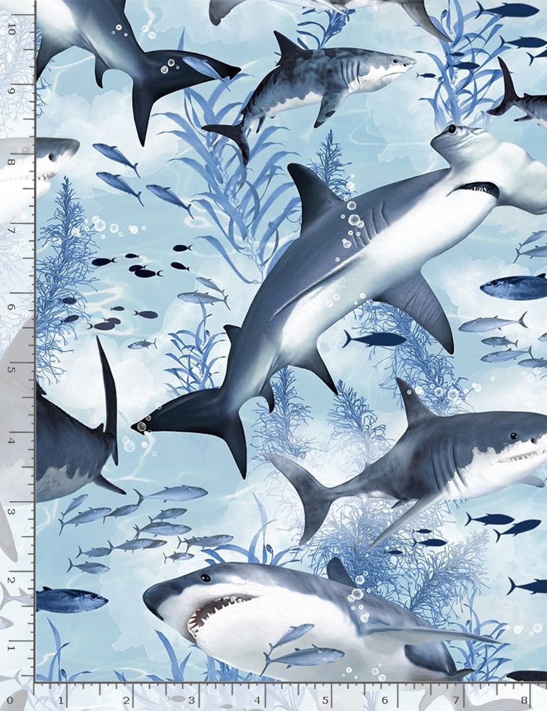 Shark Fabric, PRECUT Half Yard, Swimming Sharks, C7980, Timeless ...