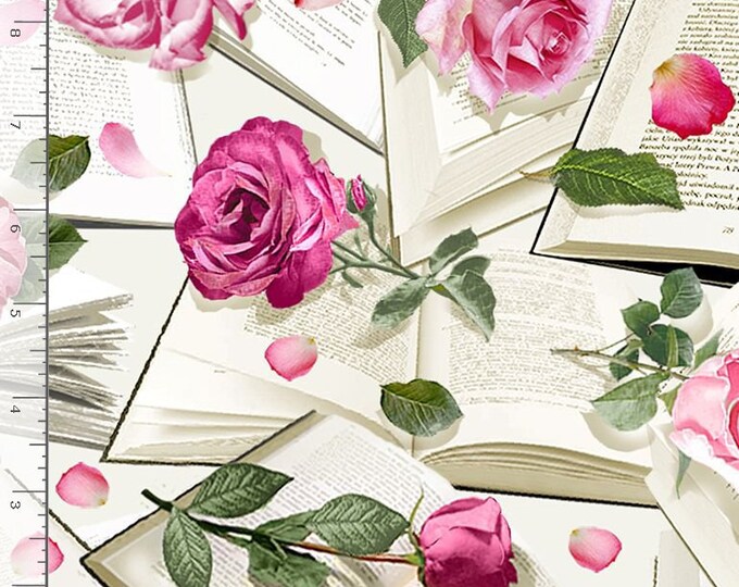 Roses Fabric, by the Yard, Roses With Books, Book Fabric, C8068 ...
