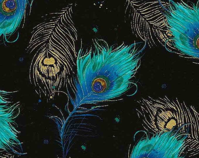 Peacock Fabric, by the Yard, Falling Peacock Feathers, Metallic ...