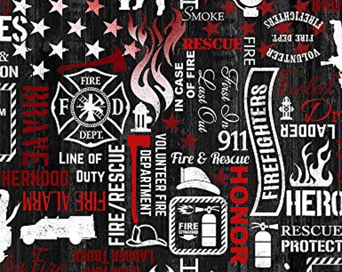 Firefighter Fabric, by the Yard, Firefighter Words, Black, C7732 ...