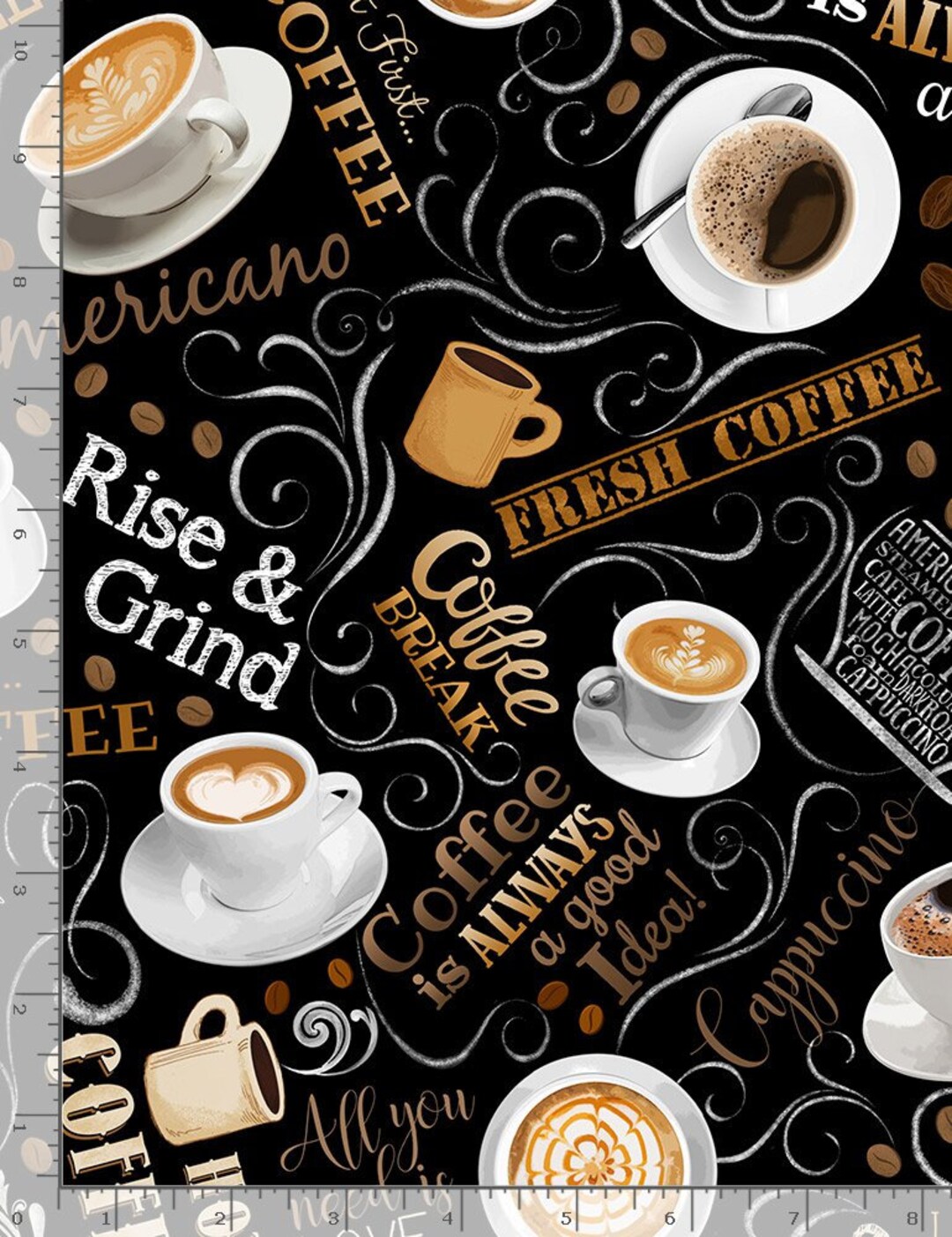Coffee Fabric, PRECUT HALF YARD, Tossed Coffee and Words, Rise and ...