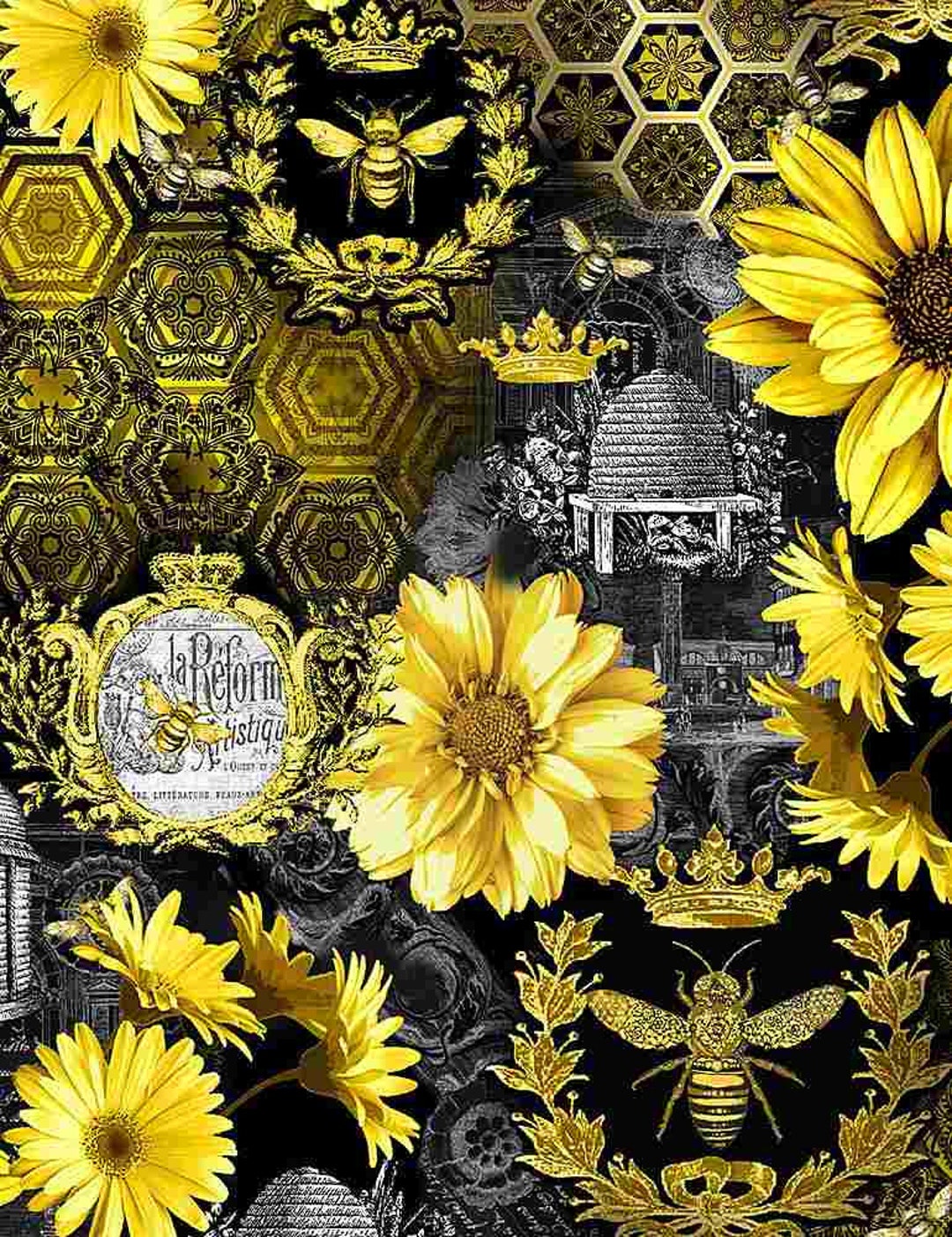 Bee Fabric by the Yard, Queen Bee Sunflower Allover, Timeless Treasures ...