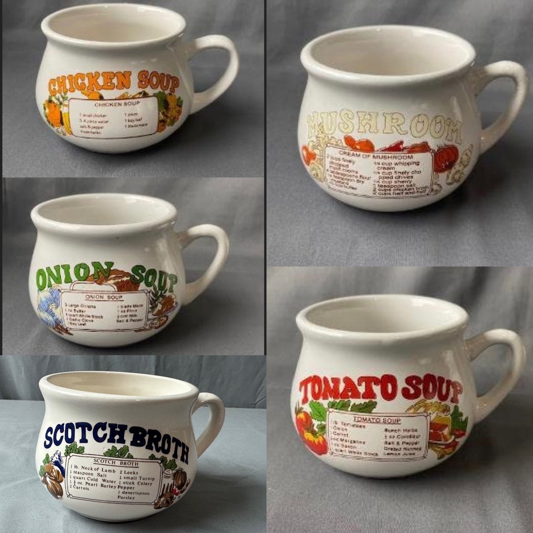 Vintage Soup Bowls Recipe Bowls Mushroom Tomato Chicken Onion Potato 