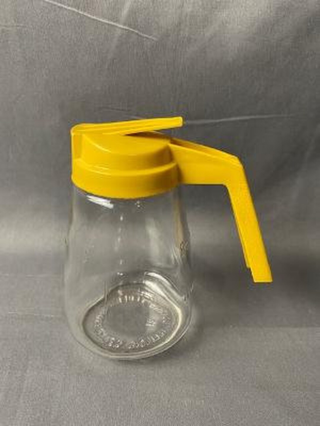 Vintage Federal Glass Syrup Sugar Cream Pitcher Yellow Plastic Green ...