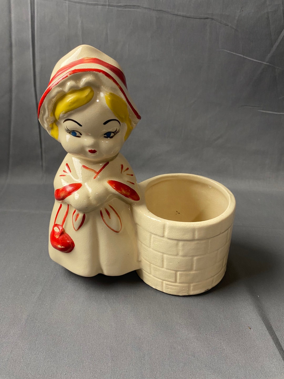 Vintage Cookson Ceramic Planter Vase Cream & Red Girl at Well - Etsy