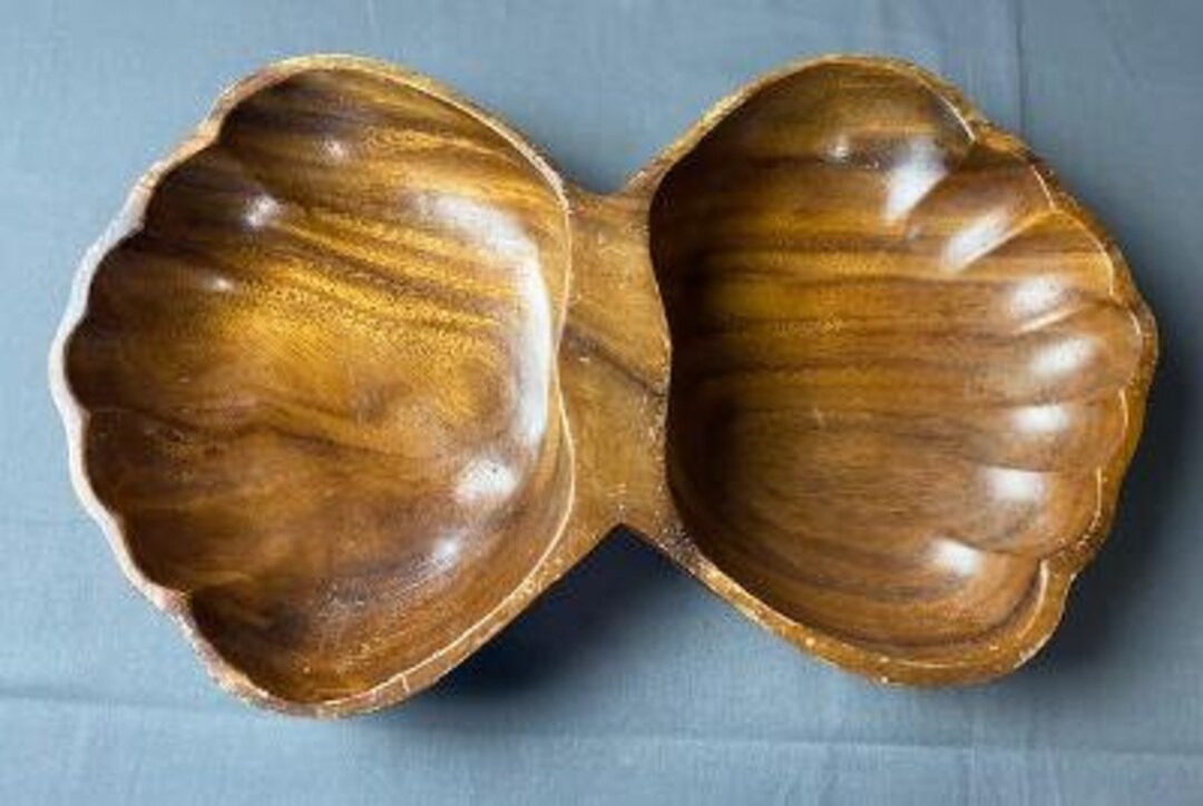 Vintage Genuine Wooden Seashell Serving Bowl Chip and Dip Monkey Pods ...