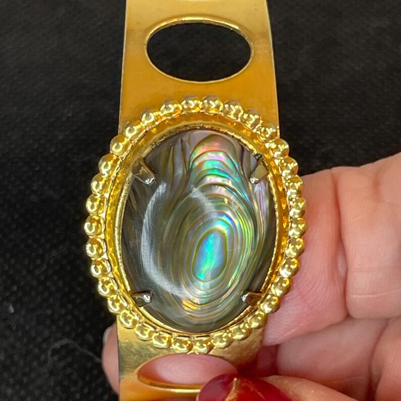 Vtg Abalone Gold Cuff Bracelet Cut Out Open Work Bangle Resin Circle ...