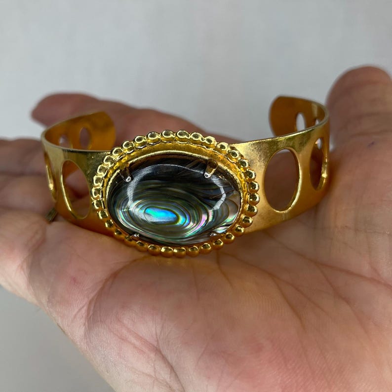 Vtg Abalone Gold Cuff Bracelet Cut Out Open Work Bangle Resin Circle ...