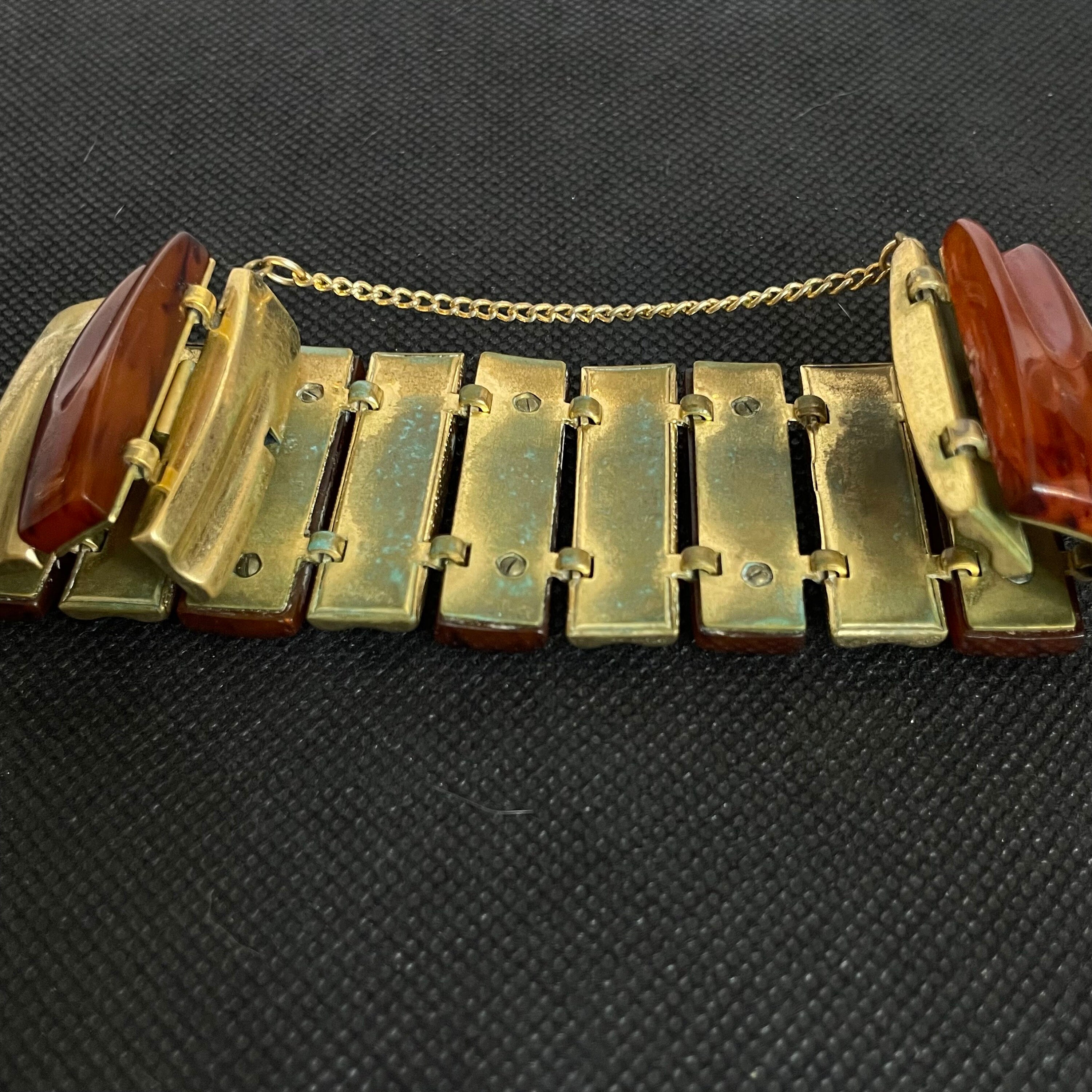 Vtg 30s Art Deco Bakelite Modular Panel Bracelet Gold Patina Rare Wide ...