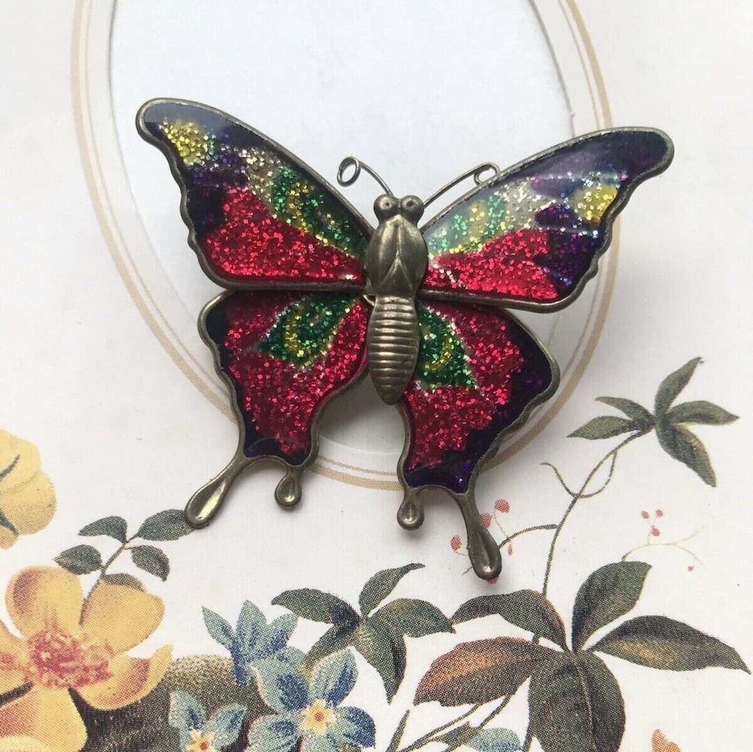 Vintage Enamel Butterfly Brooch Multicolor Sparkle Painted Pin Multi ...