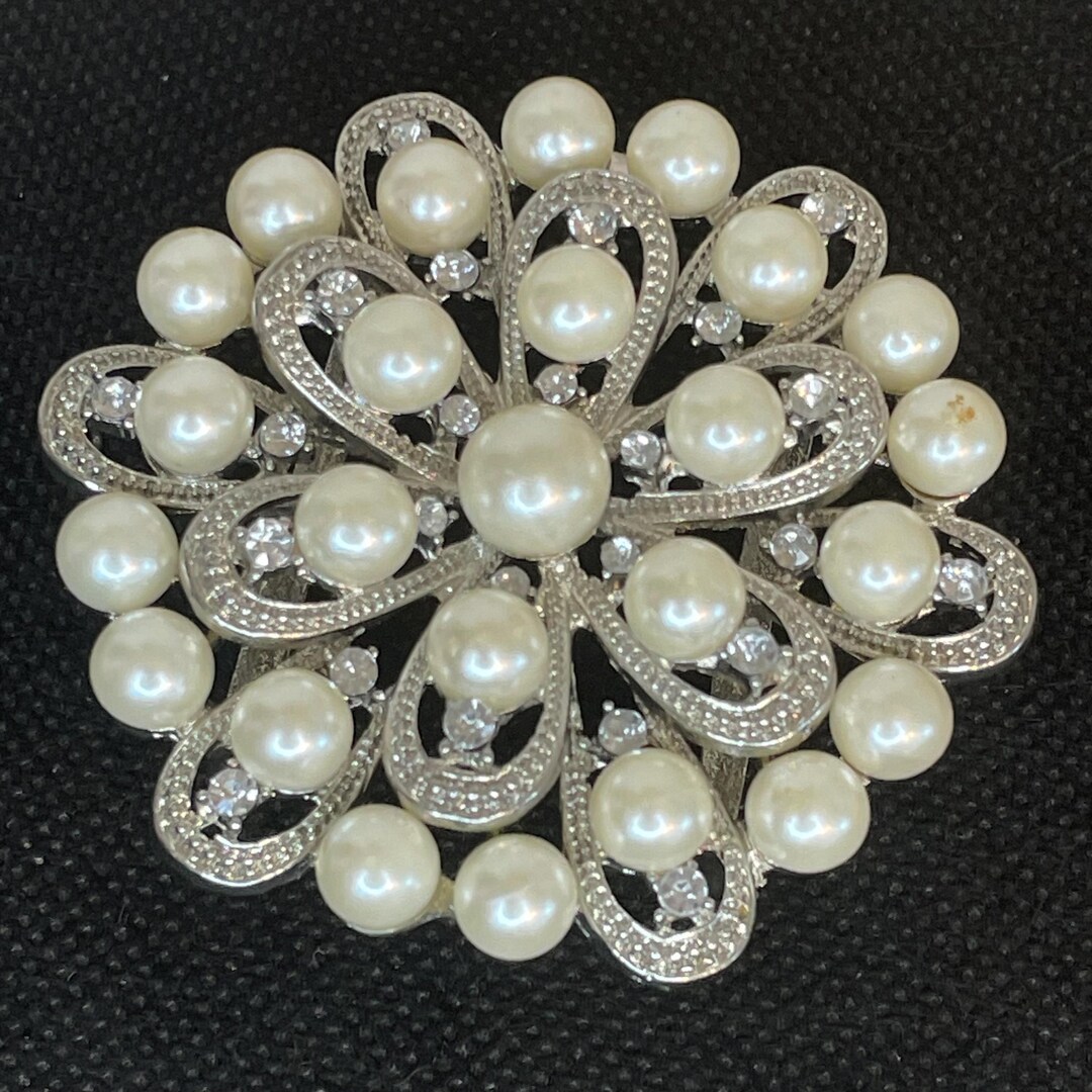 Vtg Fancy Belt Buckle Silver Diamanté Ivory Pearl Prong Set Dimensional ...