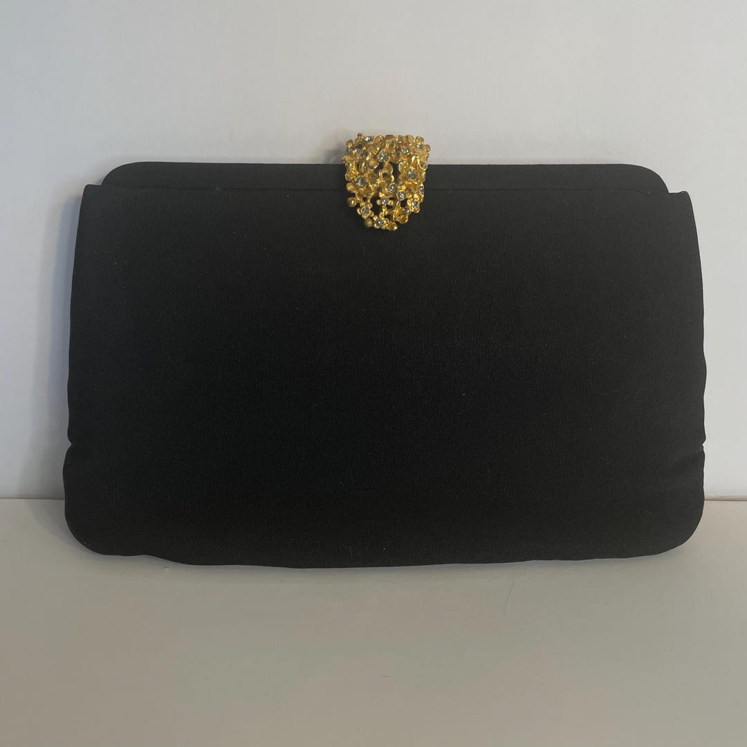 Vtg Black Garay Clutch Purse 1950s Formal Evening Rayon Rhinestone Gold ...