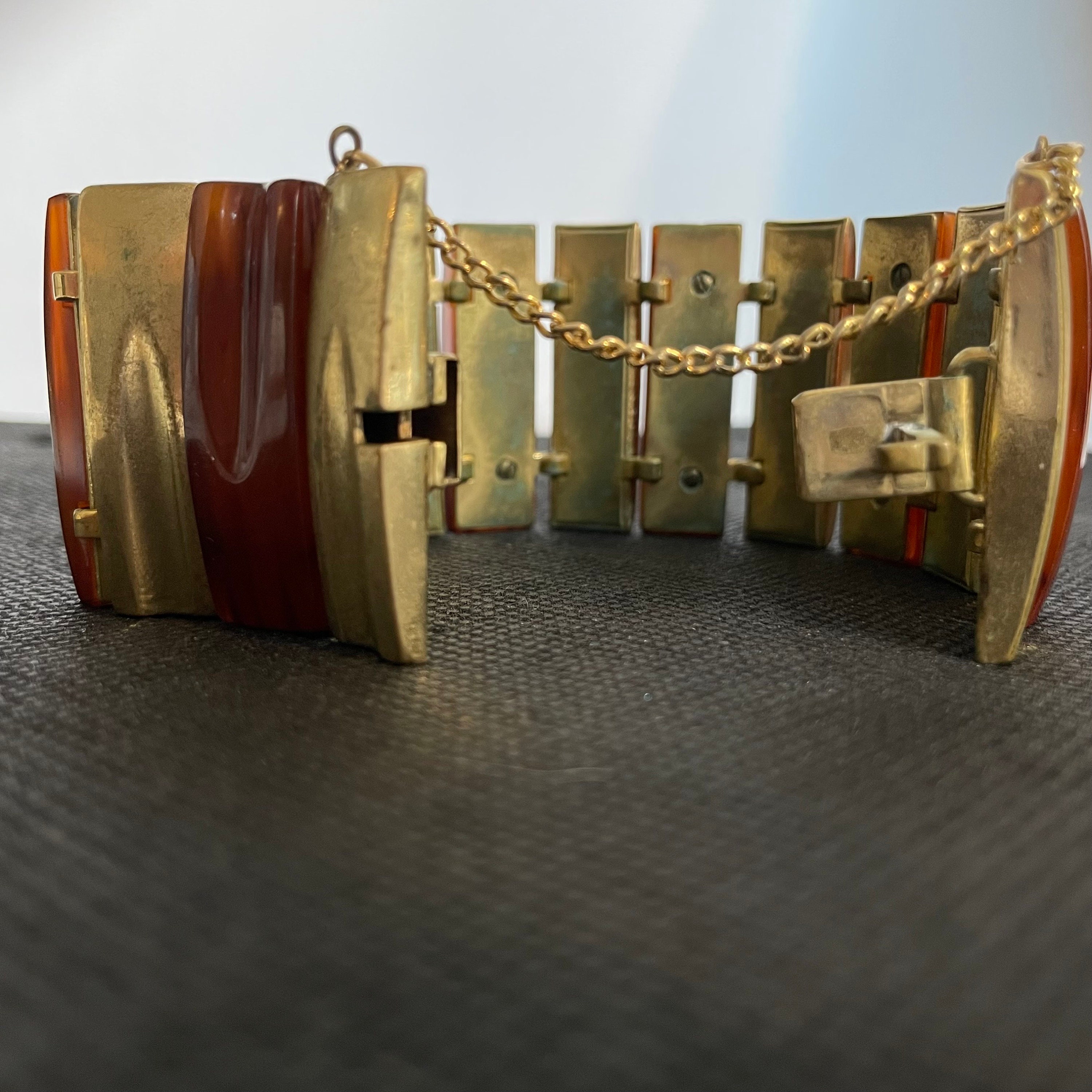 Vtg 30s Art Deco Bakelite Modular Panel Bracelet Gold Patina Rare Wide ...