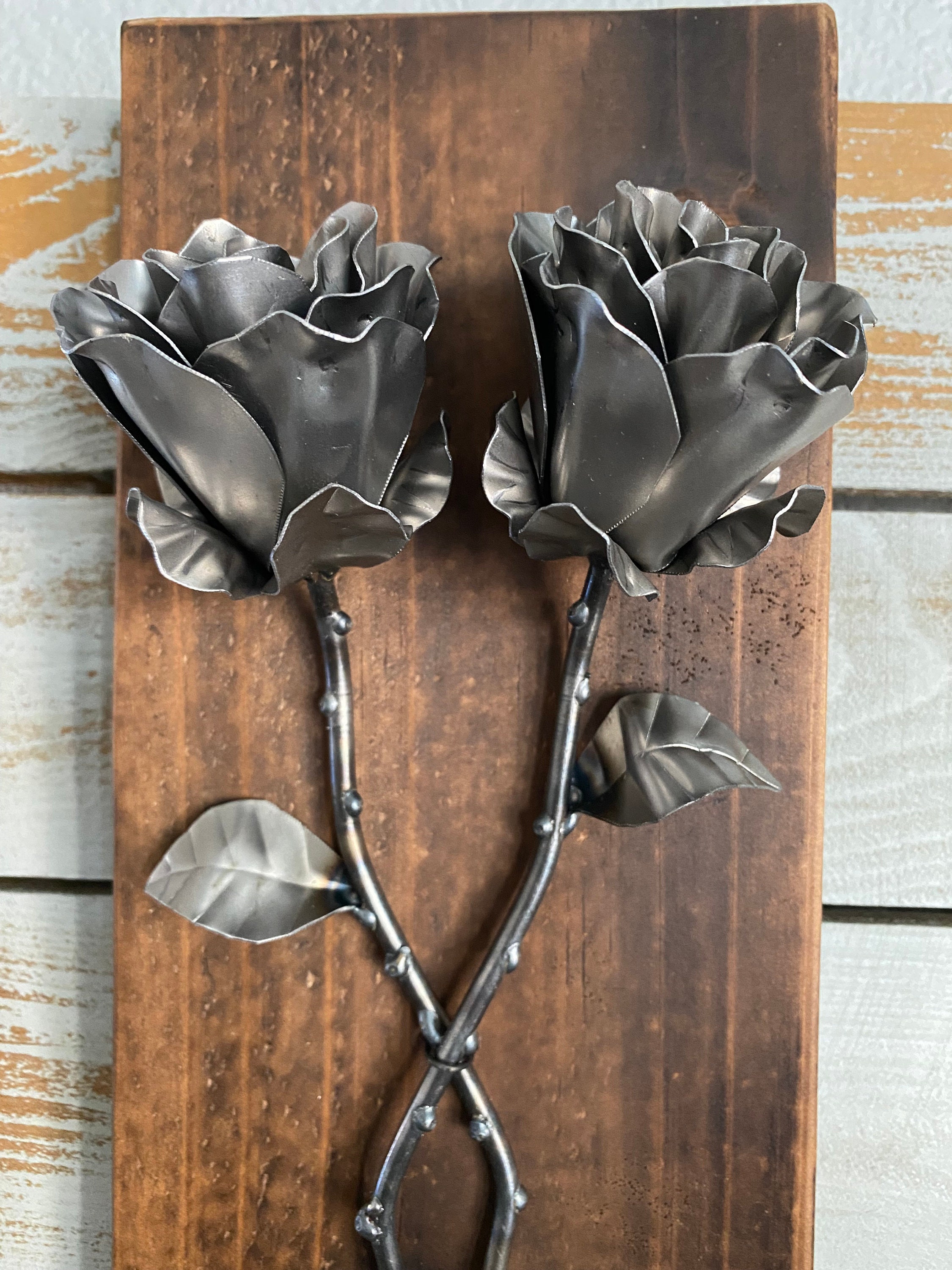 Twisted Steel Roses on Barnwood - Etsy