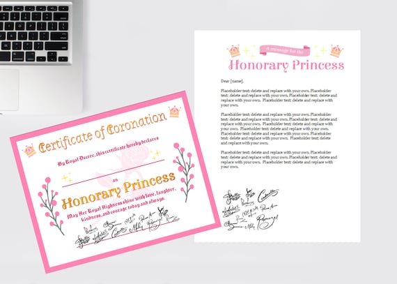 Honorary Princess Letter Template and Certificate - Etsy
