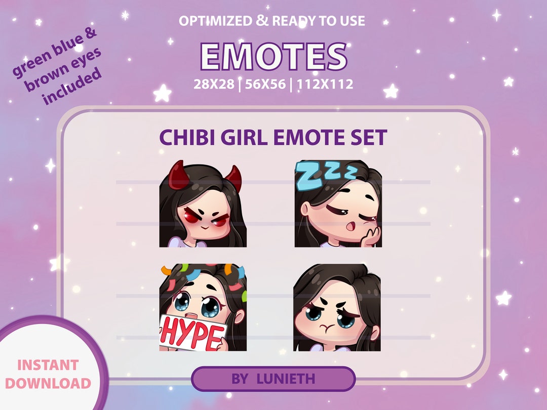 Black Hair Light Skin Girl Emote | Blue Green & Brown Eyes | Cute Chibi ...