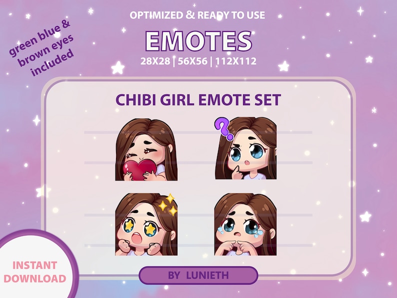 Brown Hair Light Skin Girl Emote Blue Green & Brown Eyes Cute Chibi ...