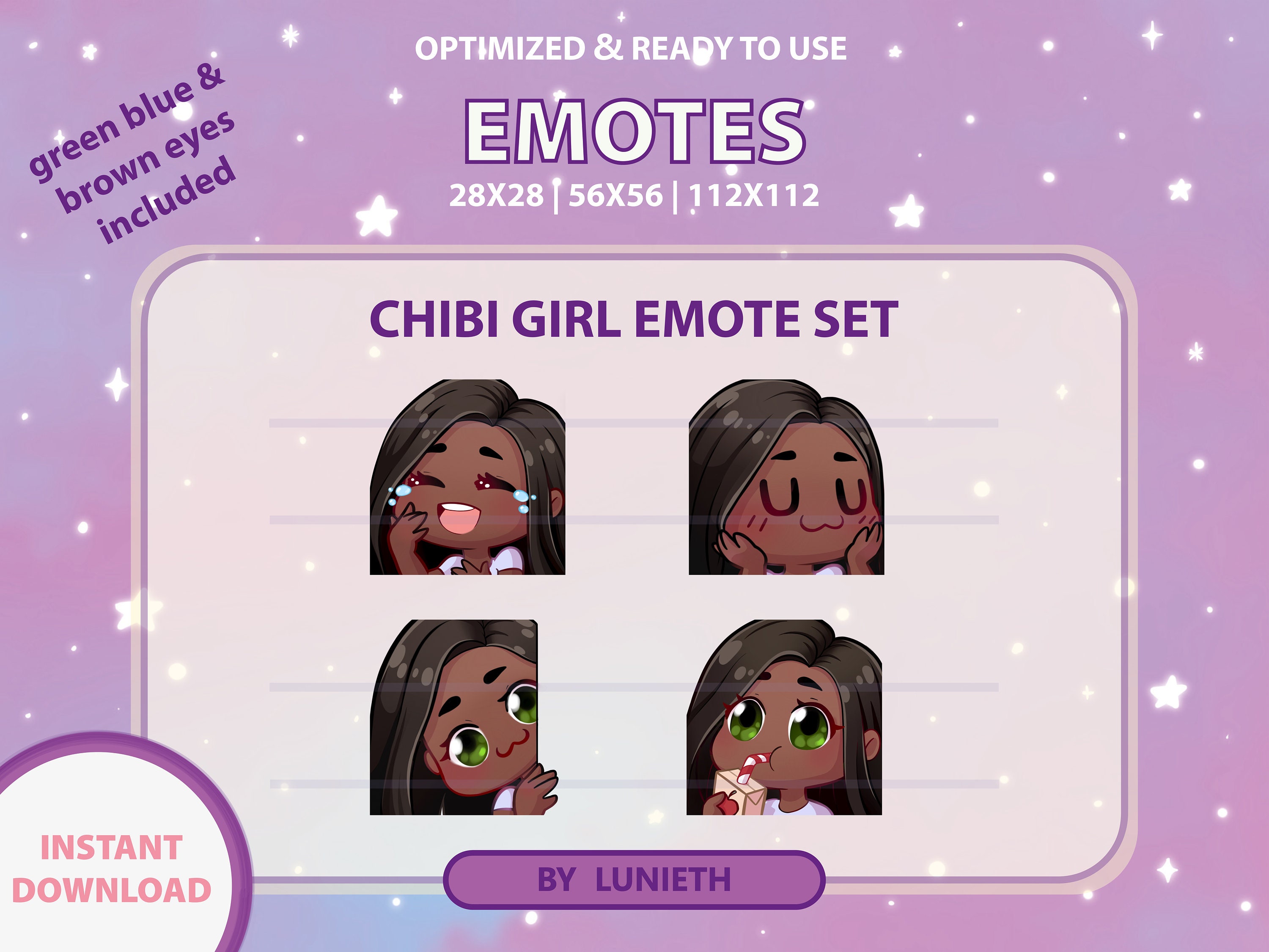 Black Hair Dark Skin Girl Emote | Blue Green & Brown Eyes | Cute Chibi ...