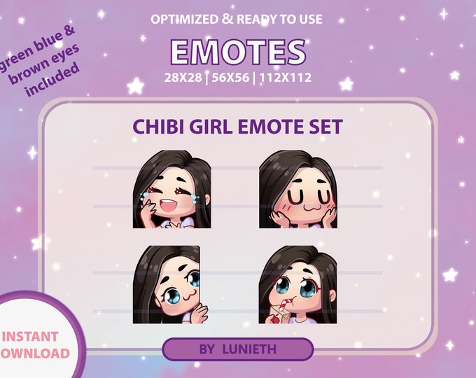 Black Hair Light Skin Girl Emote | Blue Green & Brown Eyes | Cute Chibi ...