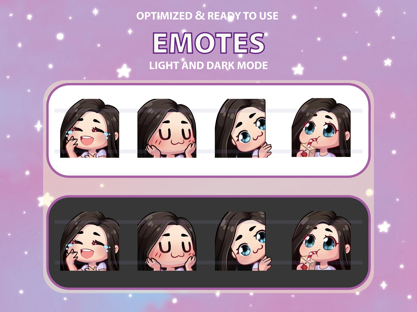 Black Hair Light Skin Girl Emote | Blue Green & Brown Eyes | Cute Chibi ...