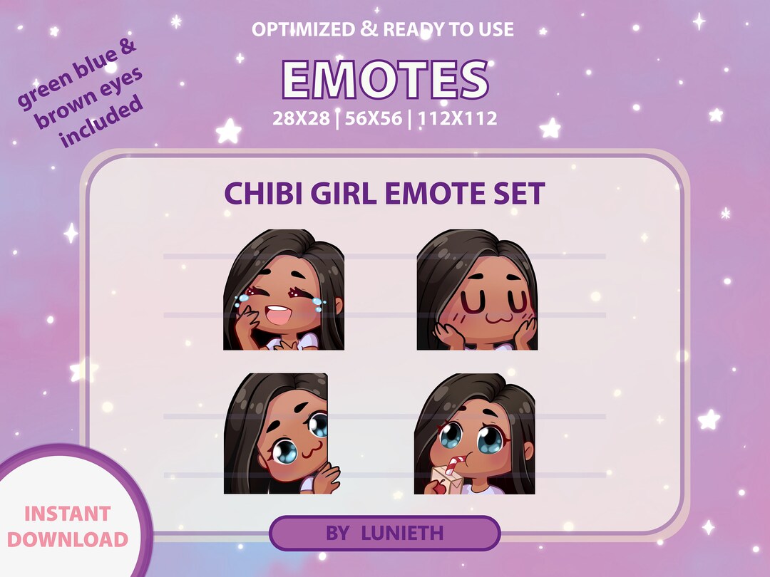 Black Hair Tan Skin Girl Emote | Blue Green & Brown Eyes | Cute Chibi ...