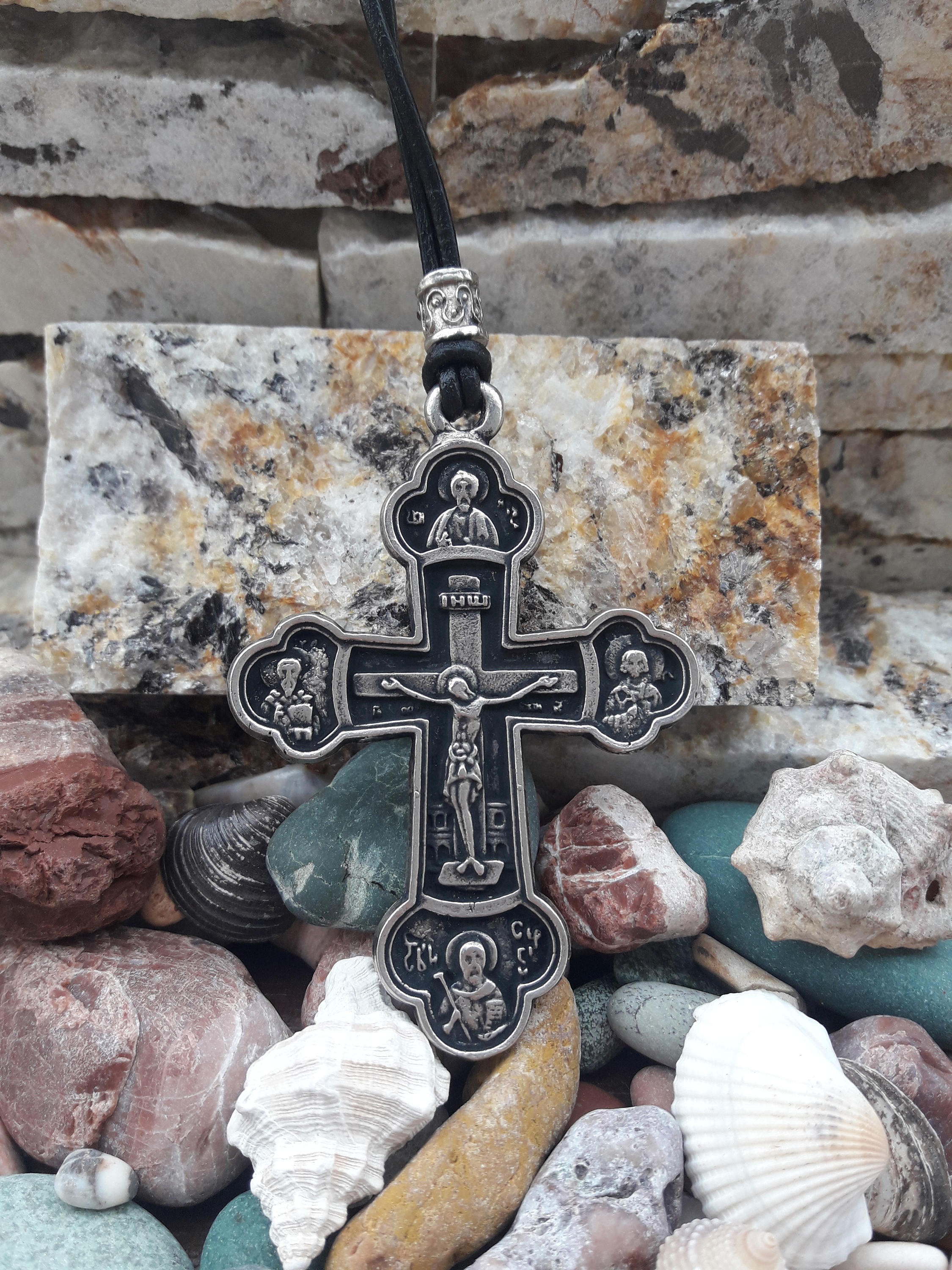 Orthodox Church Cross Necklace on leather with pearlSymbol of | Etsy