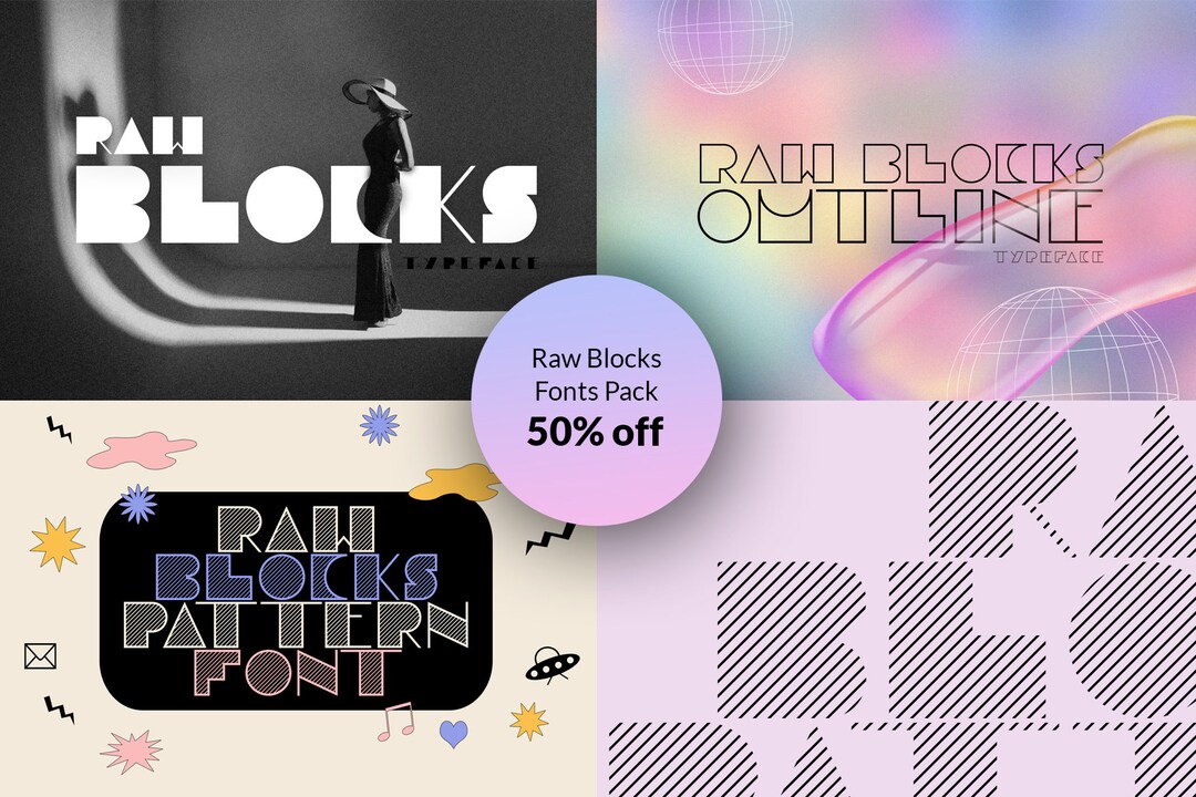 Raw Blocks Retro Font Pack: Bold, Outline, Pattern (digital Download ...
