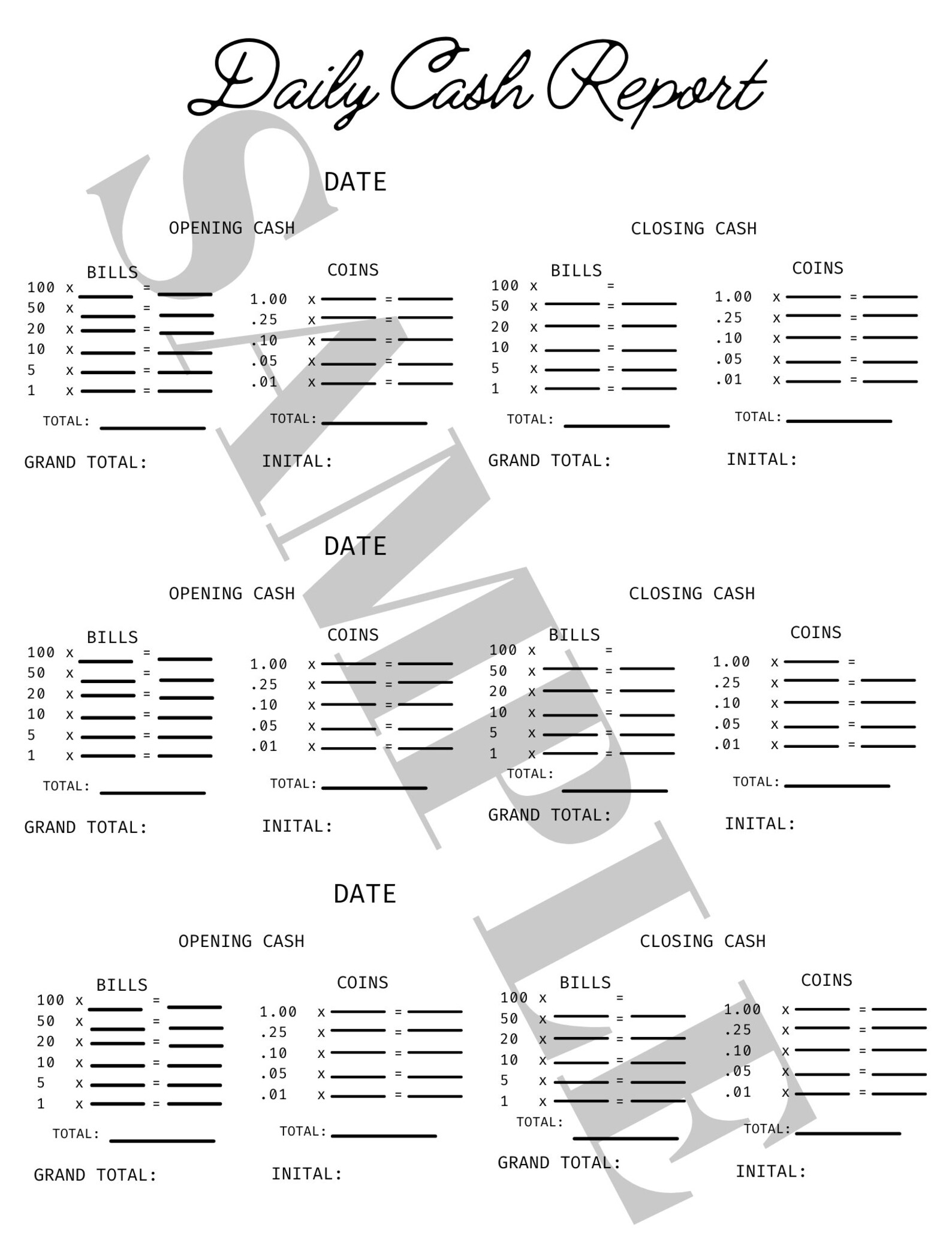Business Daily Cash Report Printable Cash Breakdown Cash Etsy Business Daily Cash Report Printable Cash Breakdown Cash Etsy