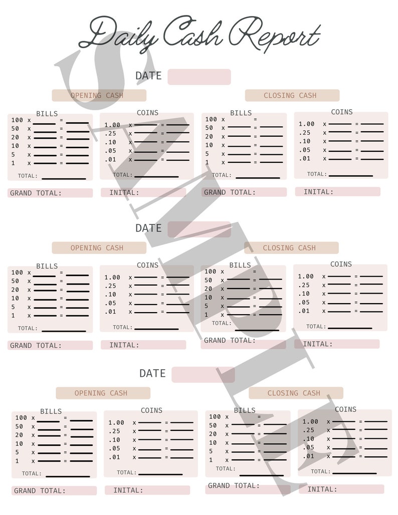 Business Daily Cash Report Printable Cash Breakdown Cash - Etsy