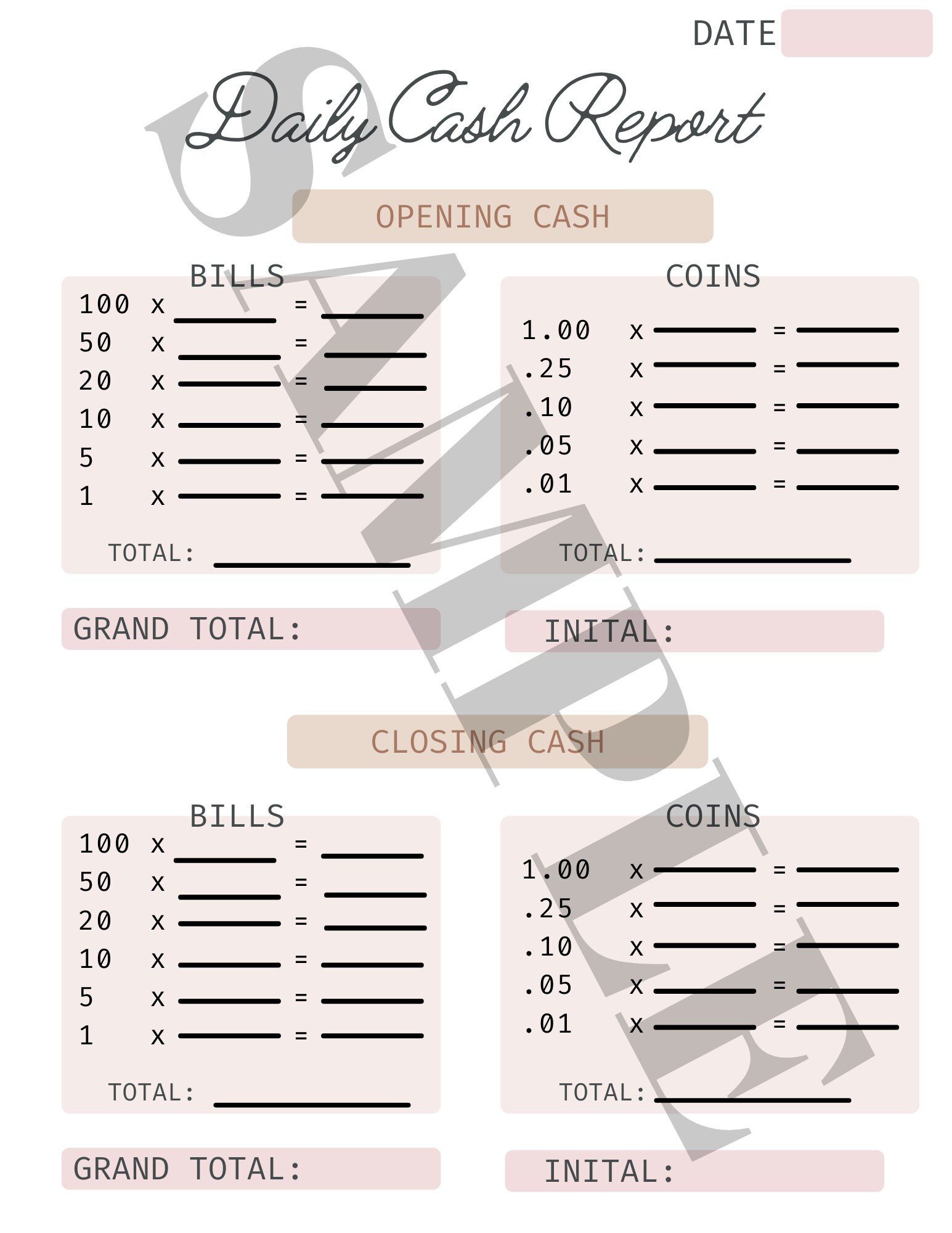 Business Daily Cash Report Printable Cash Breakdown Cash - Etsy