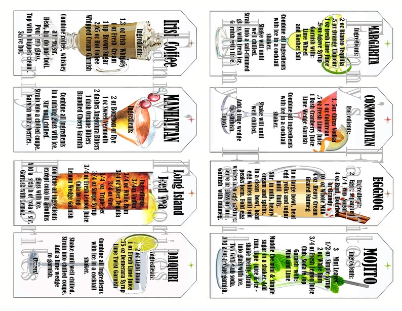 Cocktail-mixed Drinks Gift Tags & Bookmarks, Instant Download Printable ...