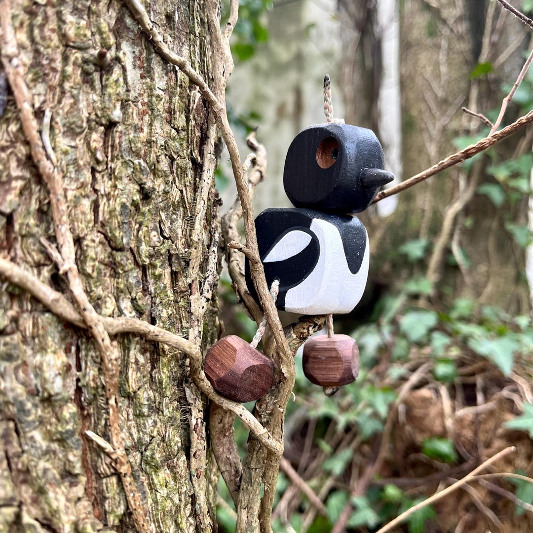 Hand-painted Oak Magpie Toy - Eco-friendly Wooden Wildlife Plaything ...