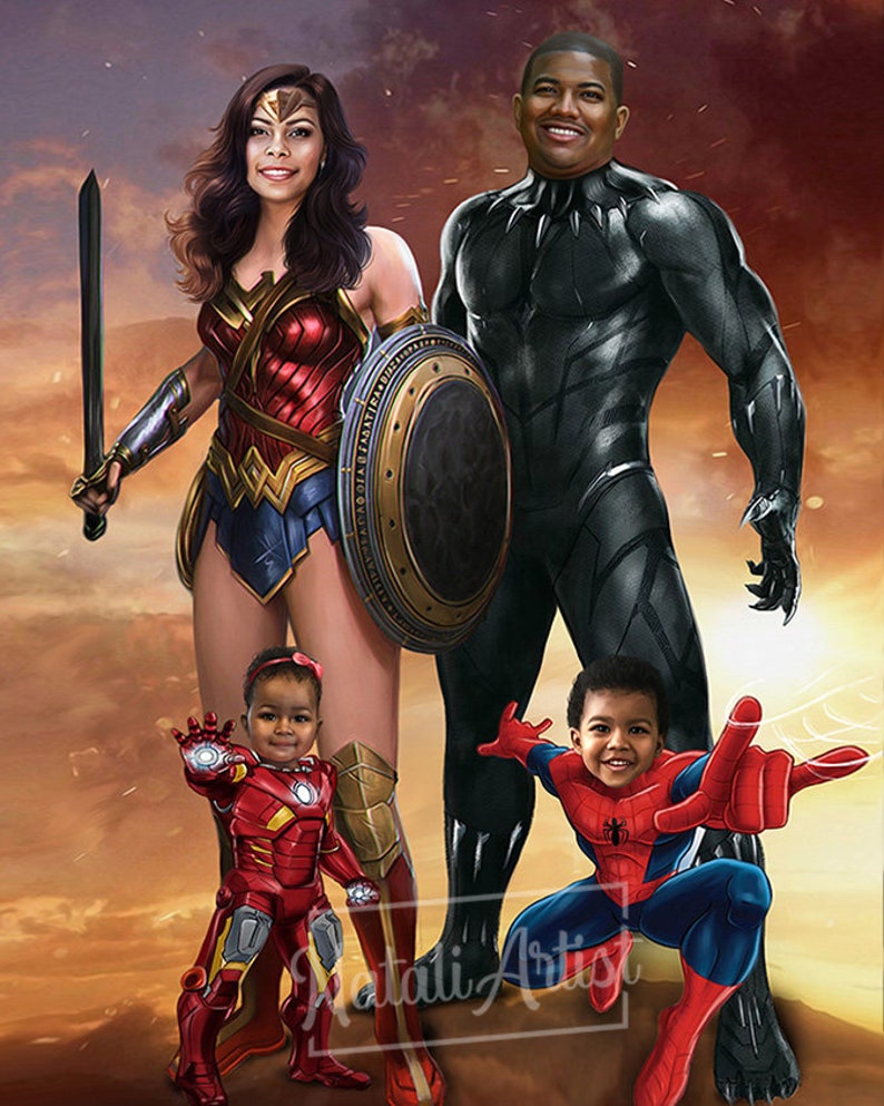Superhero Family Portrait Personalized Superhero Couple | Etsy