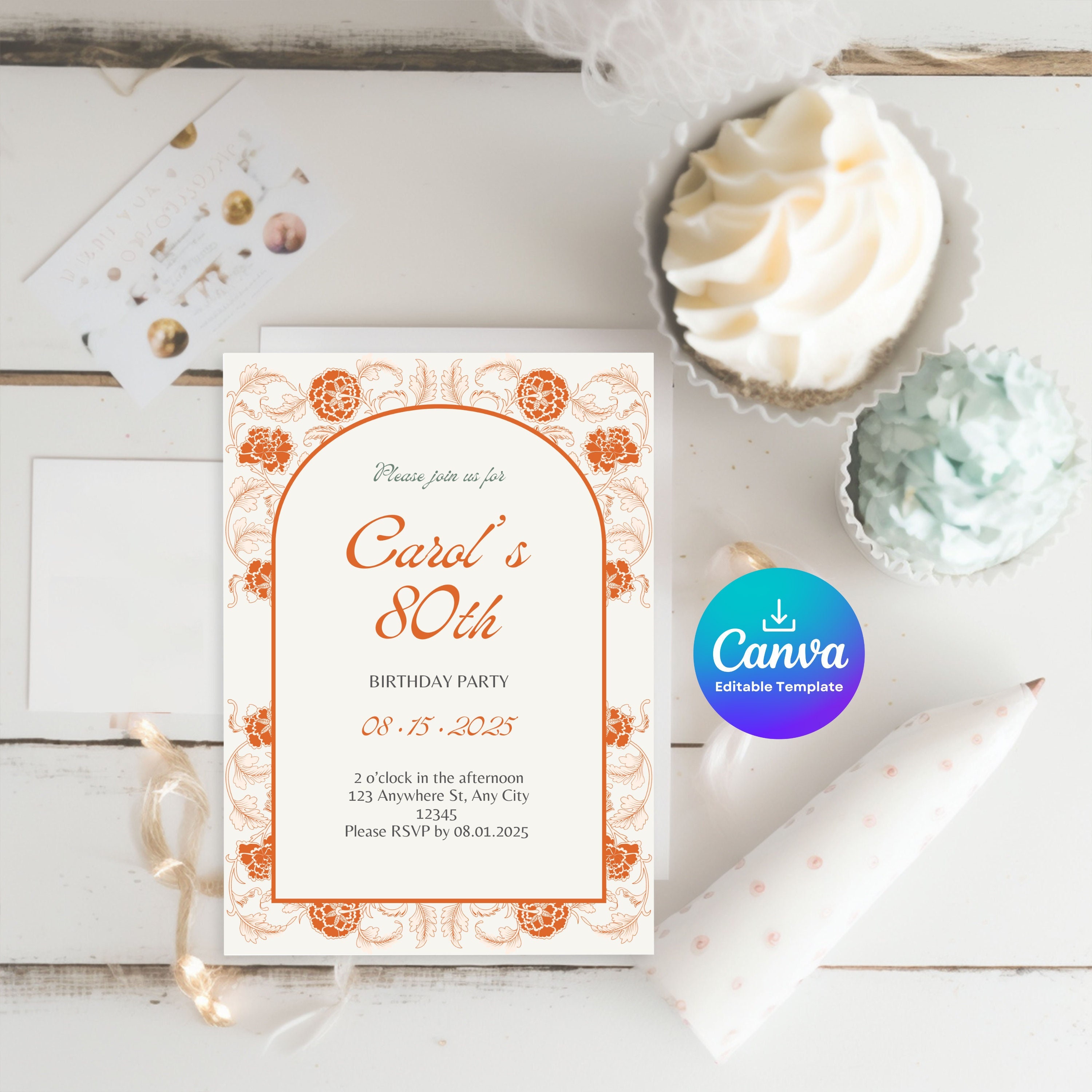 80th Birthday Invitation for Women Editable Canva Template 80th ...