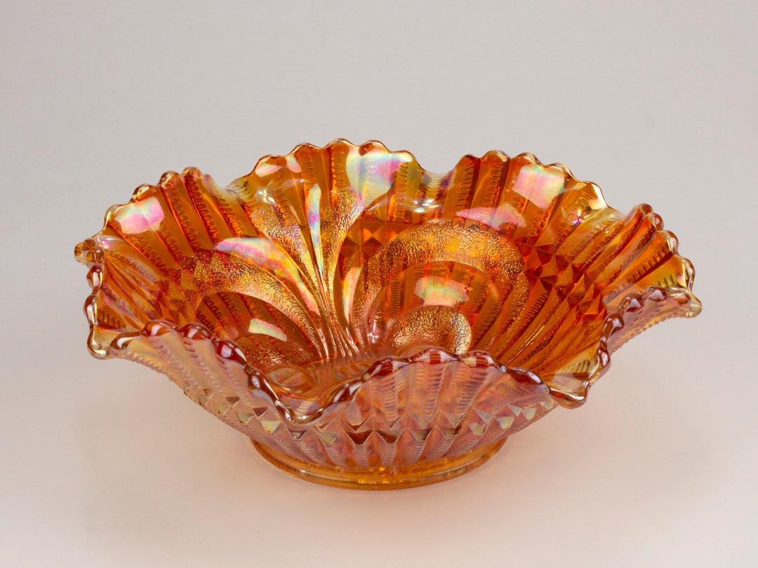 Imperial Antique Carnival Glass Scroll Embossed Ruffled Bowl, Marigold ...
