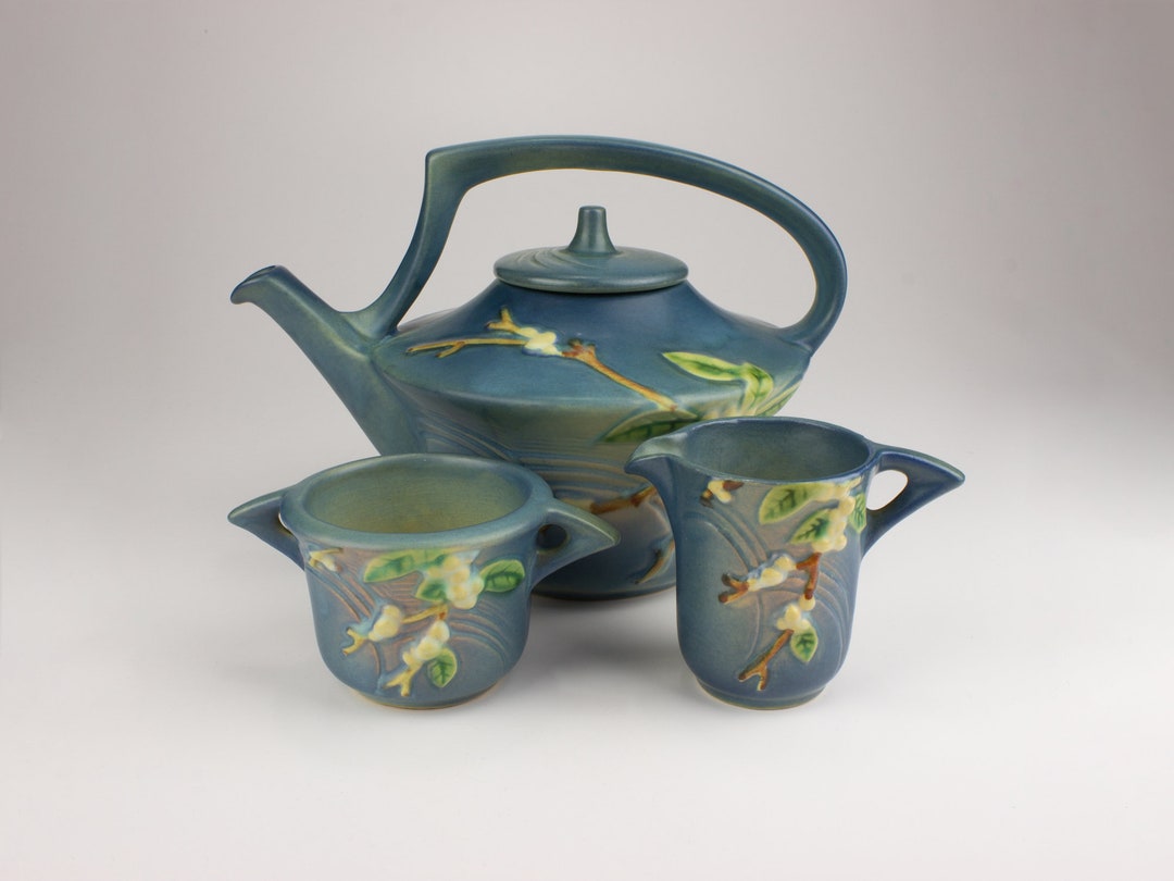 Roseville Pottery Snowberry Tea Set, Shapes 1T, 1C & 1S, Persian Blue ...