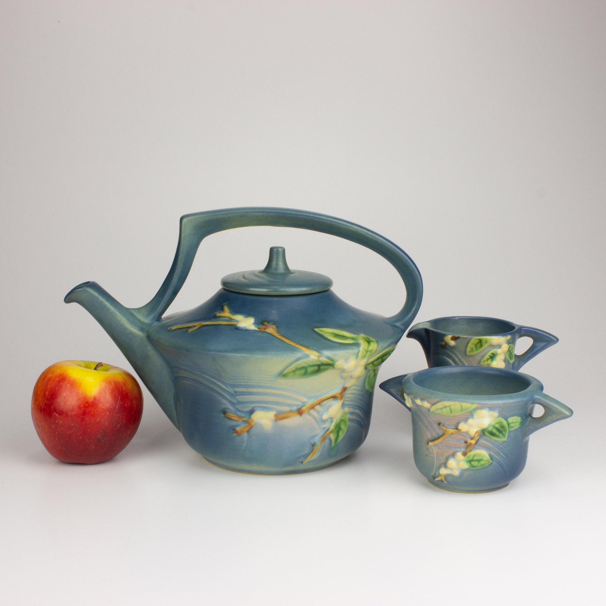 Roseville Pottery Snowberry Tea Set, Shapes 1T, 1C & 1S, Persian Blue ...