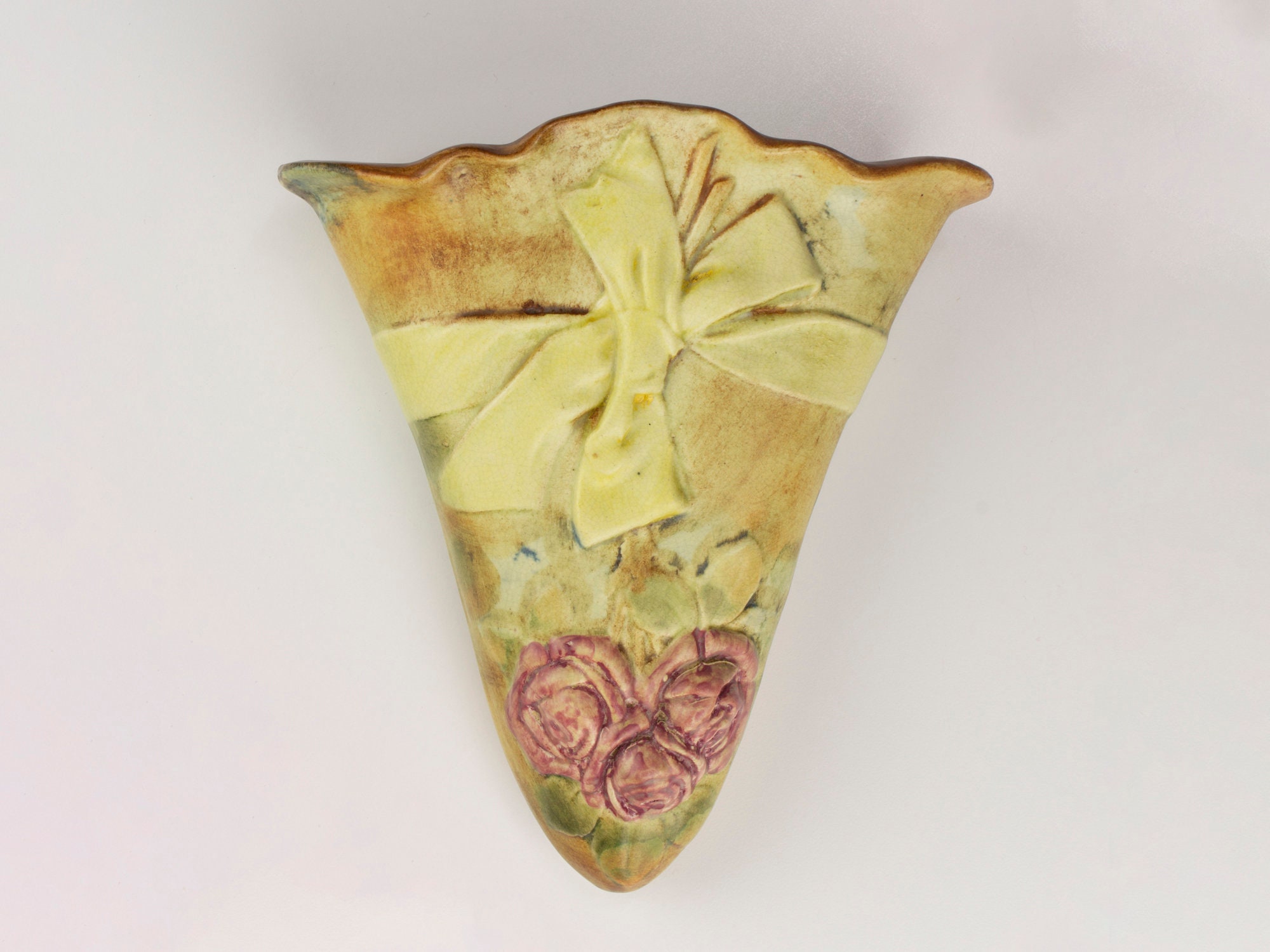 Weller Pottery Antique Flemish Wall Pocket, Tan/cream/rose Ribbons ...