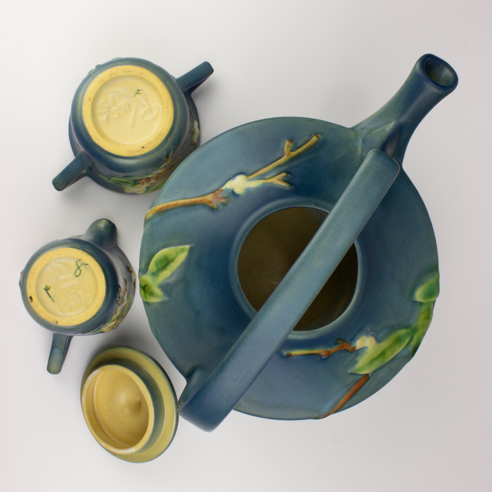 Roseville Pottery Snowberry Tea Set, Shapes 1T, 1C & 1S, Persian Blue ...