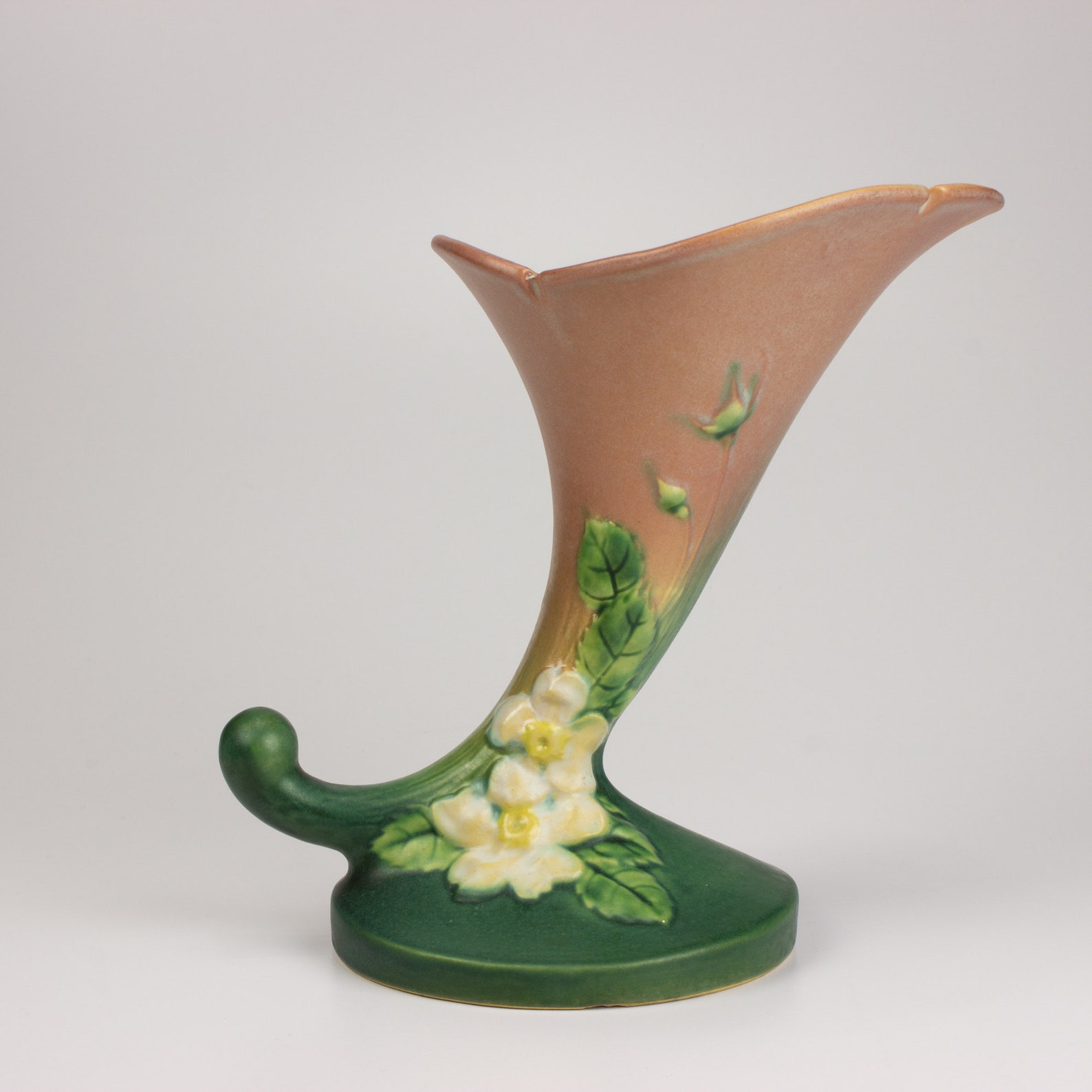 Roseville Pottery White Rose Cornucopia Vase, Shape 144-8, Coral Pink ...