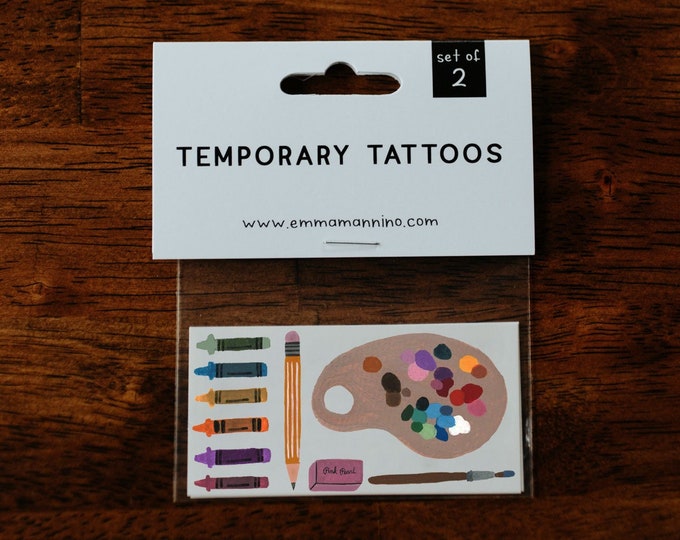 Art Set Temporary Tattoos Paint Palette, Paintbrush, Pencil, Eraser, and Crayons - Etsy