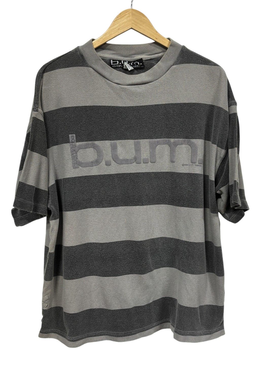 Vintage 90's BUM Equipment Striped Spellout Grunge Graphic Tee Size ...