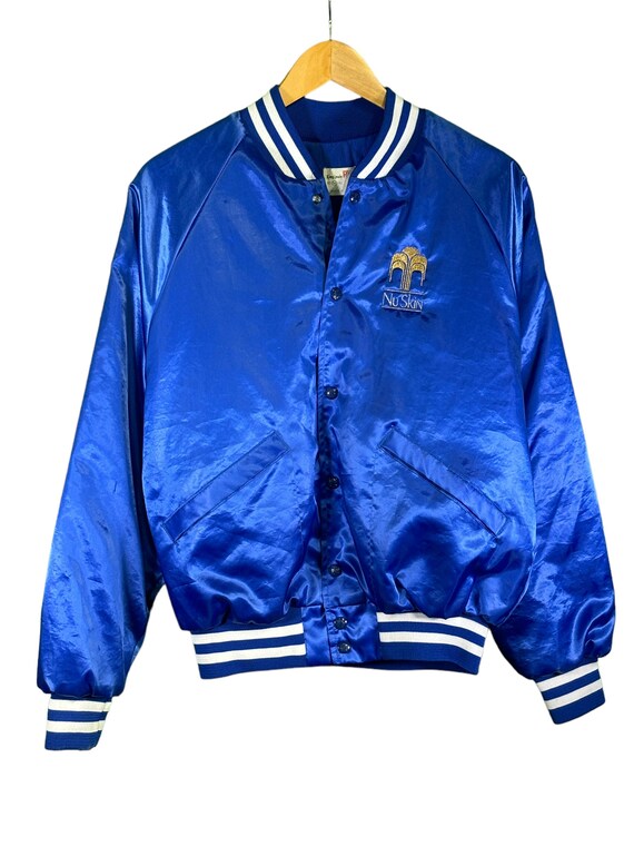 Vintage 80's Nu Skin Blue Satin Bomber Jacket Size Me… - Gem