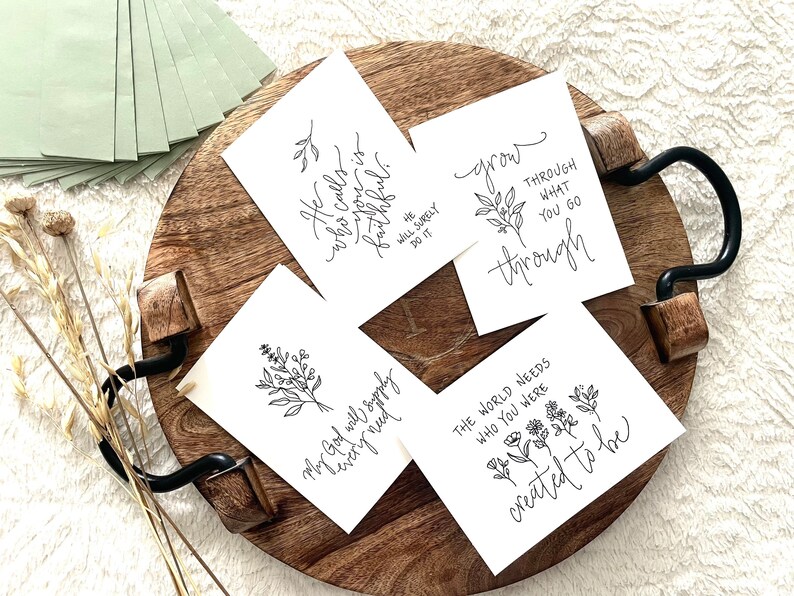 SALE Set of 8 Ivory Hand Drawn Inspirational Blank Notecards, Freehand ...