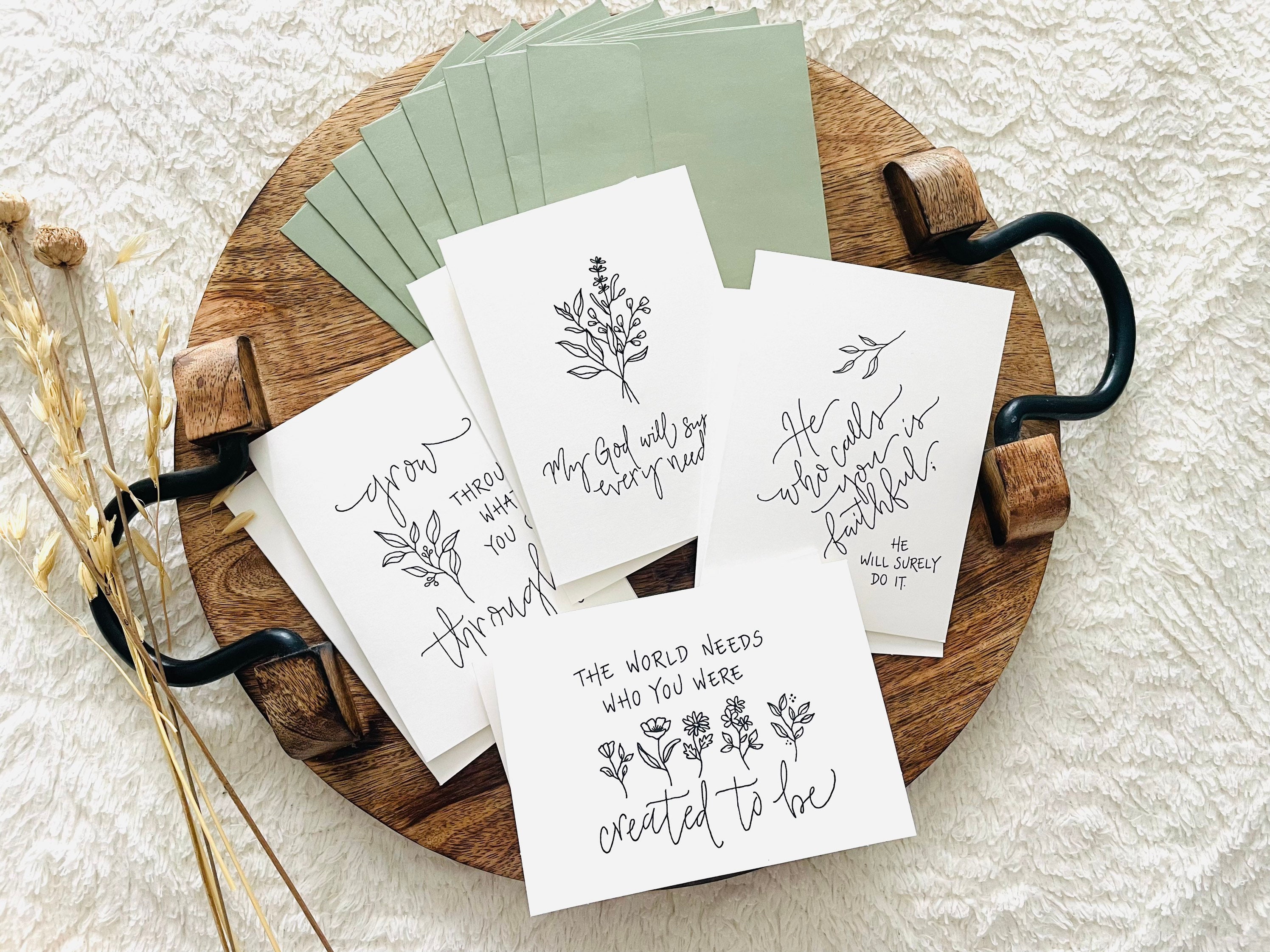 SALE Set of 8 Ivory Hand Drawn Inspirational Blank Notecards, Freehand ...