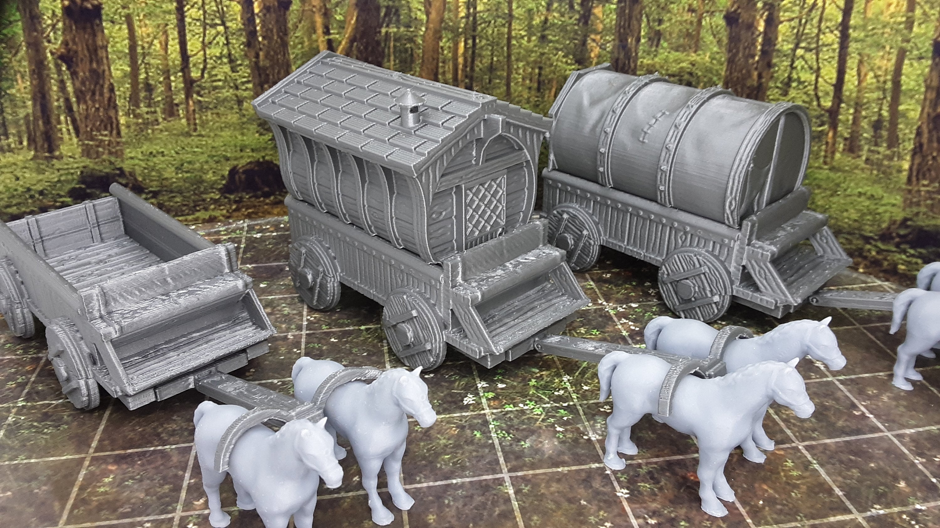 3 Wagon Caravan W/ Horses 28mm Scale Fantasy Terrain Tile Decoration ...