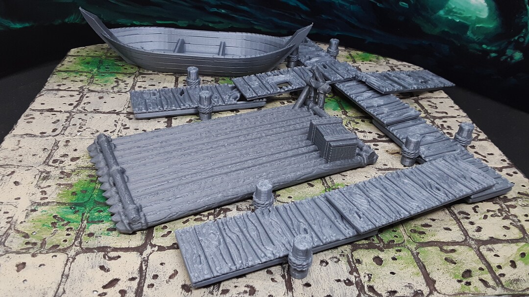 10 Piece Ship Dock Board Walk Set With Boat and Raft 28mm Scale Fantasy ...